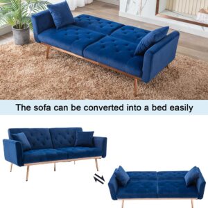 SLEERWAY Velvet Futon Sofa Bed with 5 Golden Metal Legs, Sleeper Sofa Couch with Two Pillows, Convertible Loveseat for Living Room and Bedroom, Blue