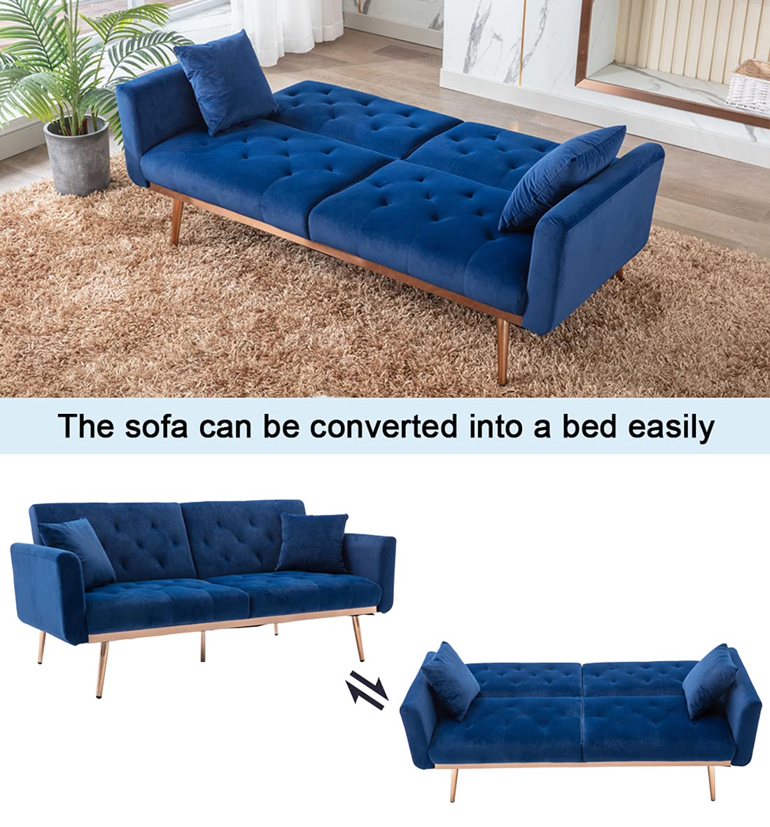 SLEERWAY Velvet Futon Sofa Bed with 5 Golden Metal Legs, Sleeper Sofa Couch with Two Pillows, Convertible Loveseat for Living Room and Bedroom, Blue