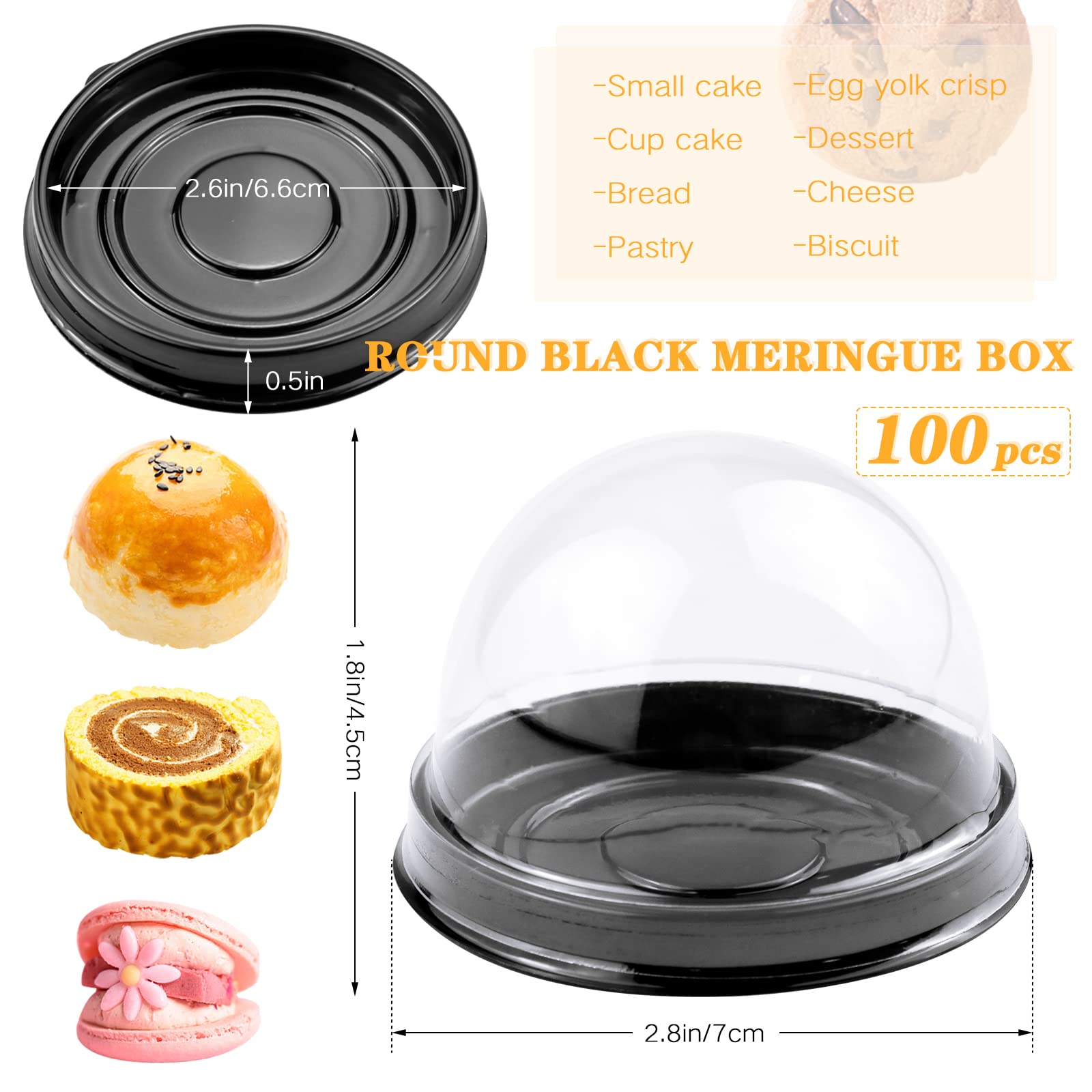 PRALB 100 Set Clear Plastic Mini Cupcake Boxes Muffin Pod Dome Muffin Single Container Box Wedding Birthday Gifts Supplies,2.76 X1.78 Inch for Cheese Pastry Dessert Mooncake (Clear,Black)