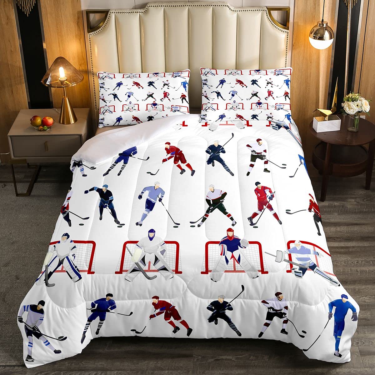 Feelyou Ice Hockey Bedding Set Kids Sports Event Comforter Set Hockey Player Comforter for Boys Room Decor Lightweight Duvet Set Twin with 1 Pillow Case