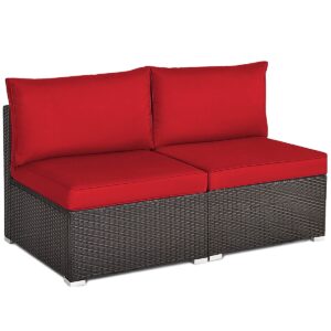 tangkula 2 pcs outdoor wicker armless sofa, patio rattan sectional sofa set w/2 thick seat cushions and 2 back cushions, additional seats for balcony garden patio poolside (red)