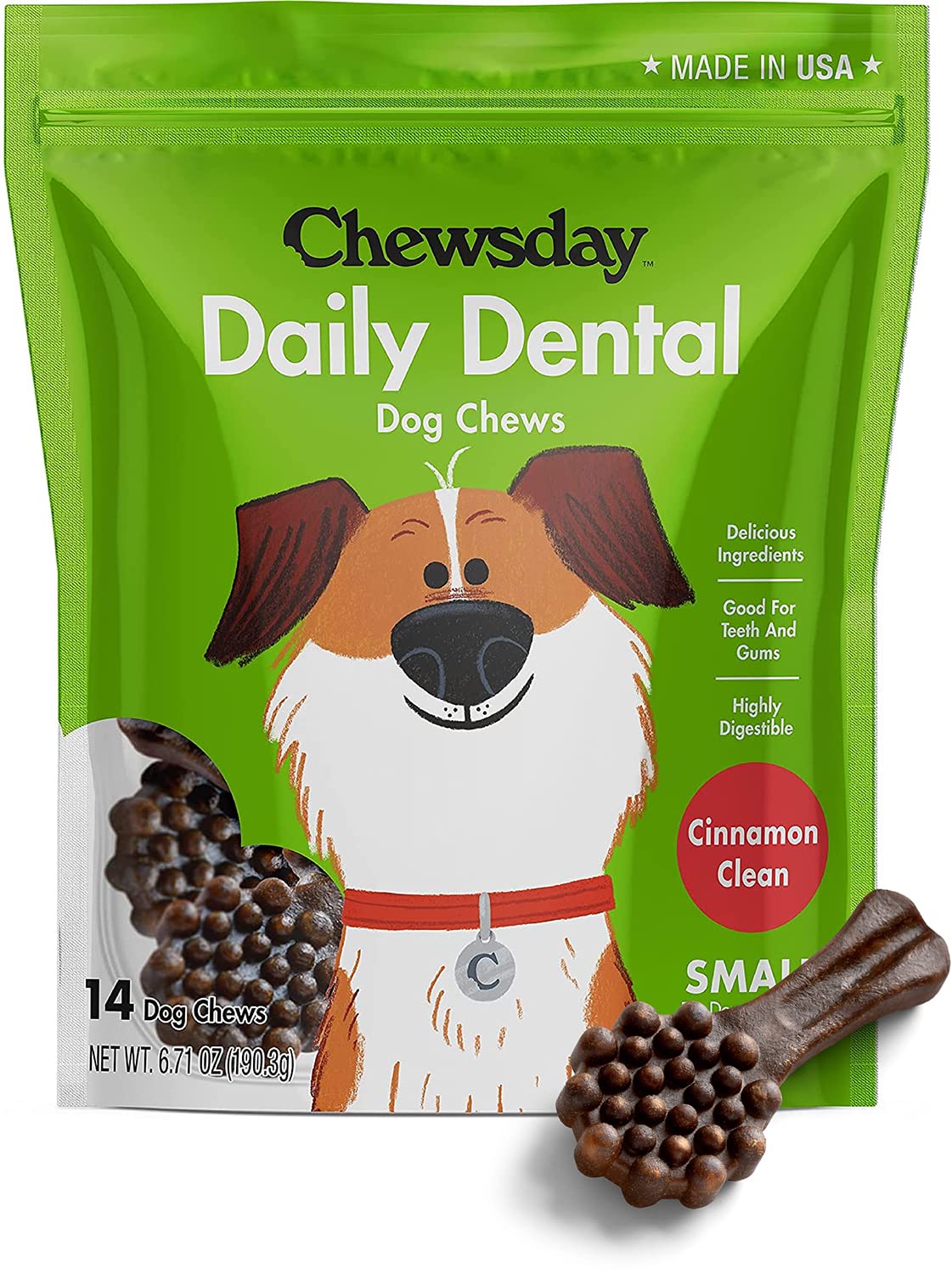 Chewsday Extra-Small Cinnamon Clean Daily Dental Dog Chews, Made in The USA, Natural Highly-Digestible Oral Health Treats for Healthy Gums and Teeth - 28 Count