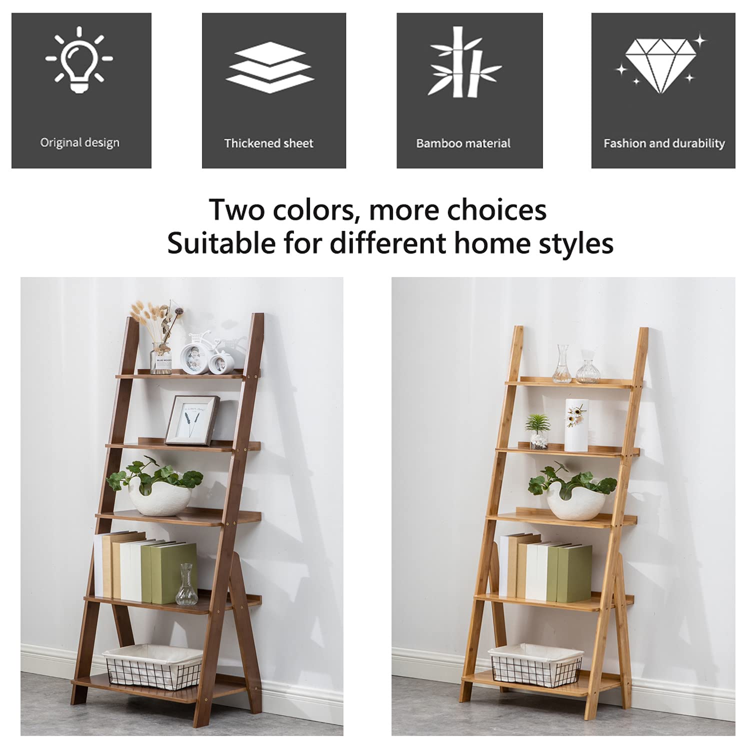 SOBIBO Ladder Shelf, 5-Tier Leaning Shelf, Free Standing Organizer Storage Shelves, Storage Rack Shelf for Office, Living Room, Brown