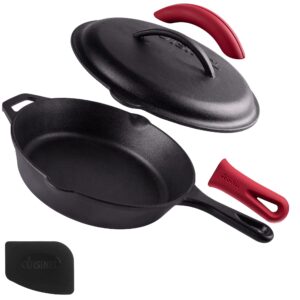 cuisinel cast iron skillet with lid - 10"-inch pre-seasoned covered frying pan set + silicone handle and lid holders + scraper/cleaner - use indoor/outdoor, oven, stove, bbq, fire, grill cookware