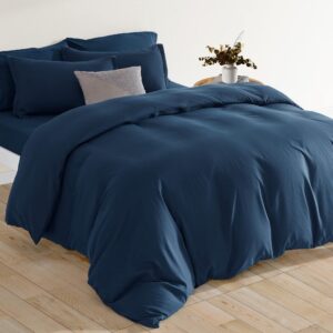 sonive bedding duvet cover set super soft and breathable double brushed microfiber 3 pieces with zipper closure 8 corner ties (navy, king)