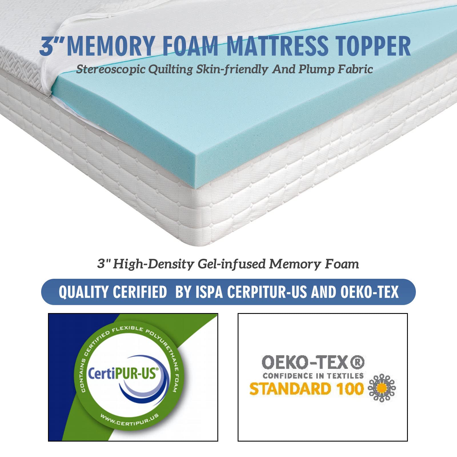 GOBEES 3 Inch Gel Memory Foam Mattress Topper Queen Size, High Density Cooling Pad Removable Fitted Bamboo Fiber Cover Ventilated Design, Comfort Body Support & Pressure Relief