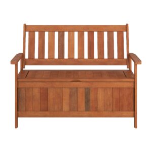 corliving miramar natural brown stained hard wood outdoor storage bench