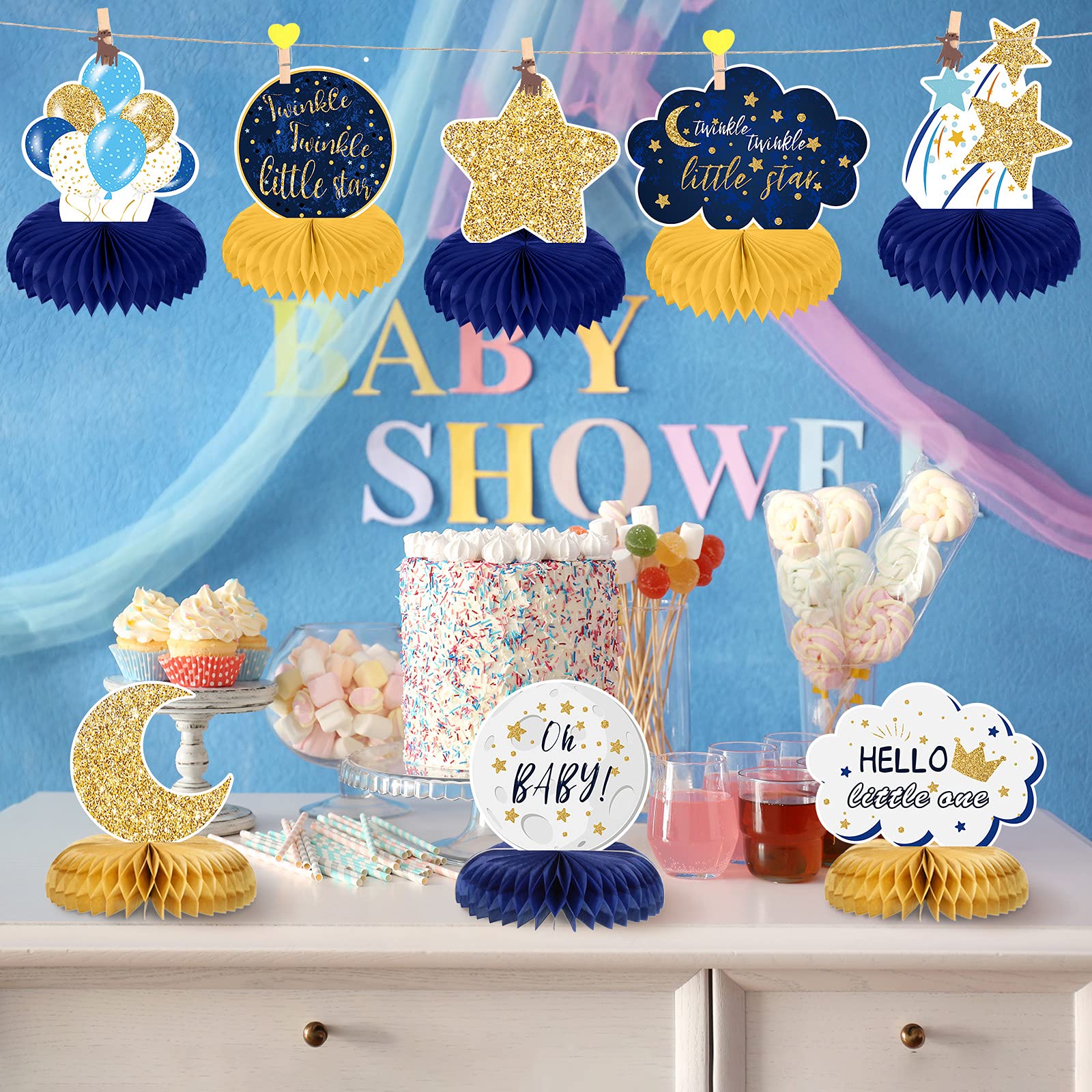 Outus 9 Pieces Twinkle Twinkle Little Star Honeycomb Centerpieces Baby Shower Decor Star Party Table Toppers Cloud Glitter Little Star Table Decorations for Baby Shower Birthday Party(Blue and Gold)