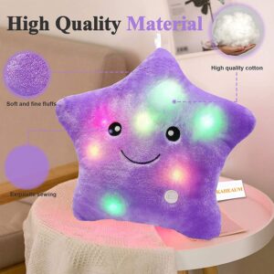 KAHEAUM Twinkle Twinkle Little Star Pillow,Cute Plush Pillows for Kids Pillows Decorative LED Light Up Night Toy and Glow Pillow Gifts,Girls Stuffed Animal Shaped Throw Pillows Doll,Purple