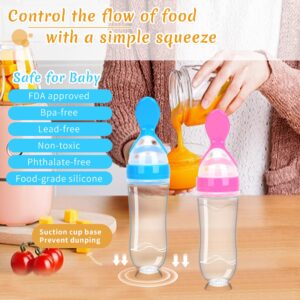 Baby Food Feeder 4 Pack Silicone Baby Food Dispensing Spoon-WAJIAYON, 3 oz Squeeze Feeding Spoons with Suction Cup for Boys Girl Kids Toddlers - Self Feeding Bottle Spoon