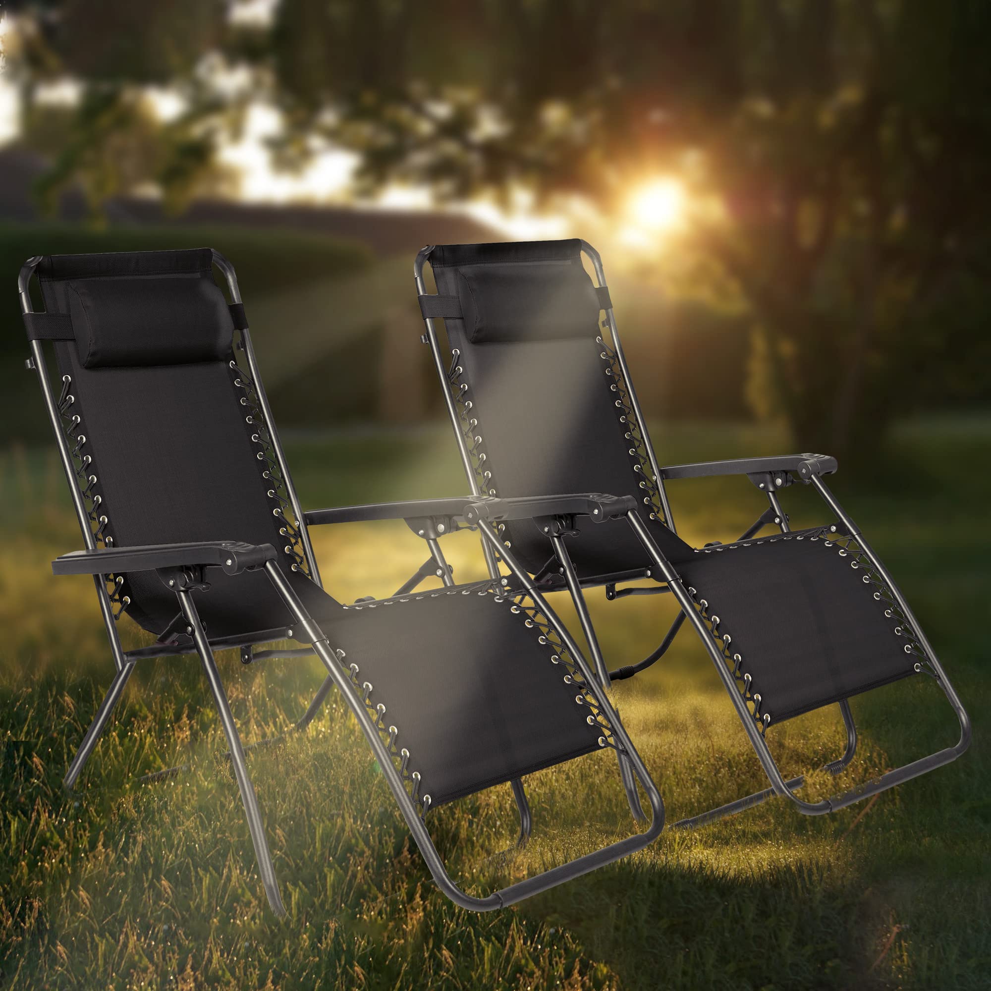 KEPLIN Zero Gravity Chairs Set of 2 with Canopy - Made of Textoline I Heavy Duty Lounger for Garden I Patio Sun Loungers I Folding Reclining Chairs (Black)