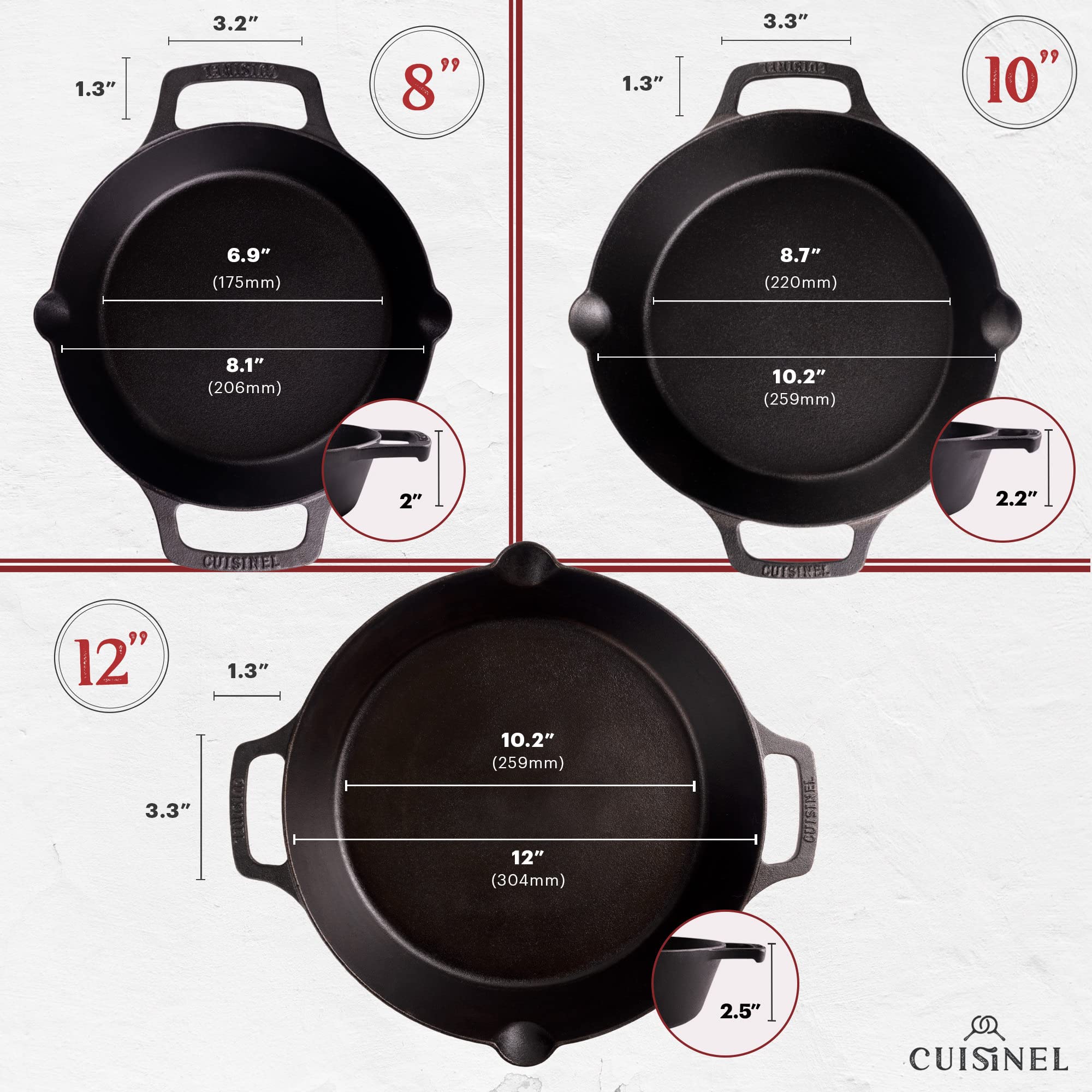 Cast Iron Skillet + Cast Iron Lid Set - 8"+10"+12" Dual Handle Frying Pans + Pan Scraper + Silicone Handle Holder Covers - Pre-Seasoned Indoor/Outdoor, Grill, Stovetop, Induction, Oven Safe Cookware