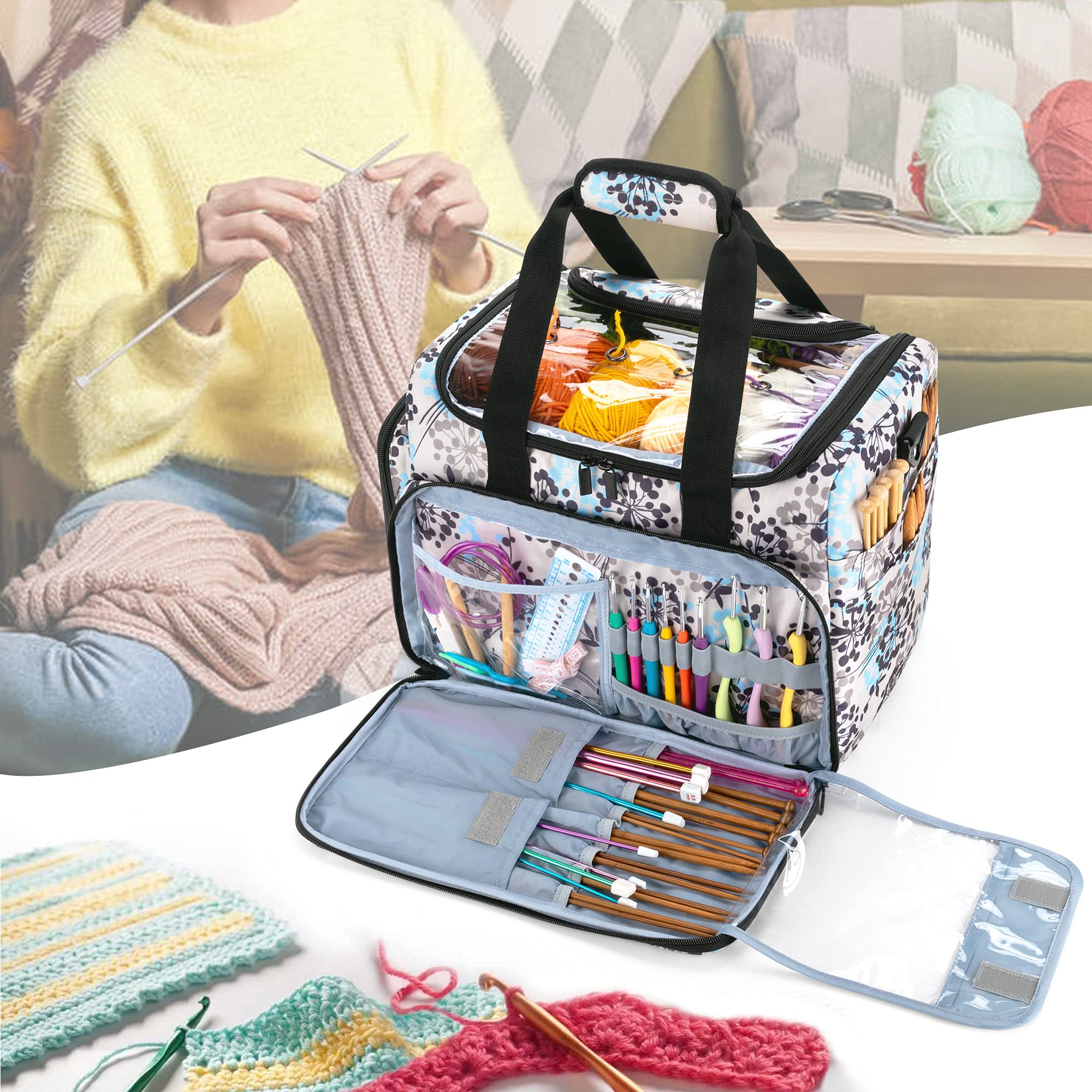 Teamoy Yarn Storage Bag, Travel Knitting Tote Bag with Foldable Inner Dividers for WIP, Yarn Skeins and Knitting Accessories, Dandelion