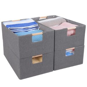 anminy 4pcs storage baskets for organizing collapsible fabric storage bins boxes with wood handles closet shelves cube organizer bins clothes laundry storage container - medium, gray