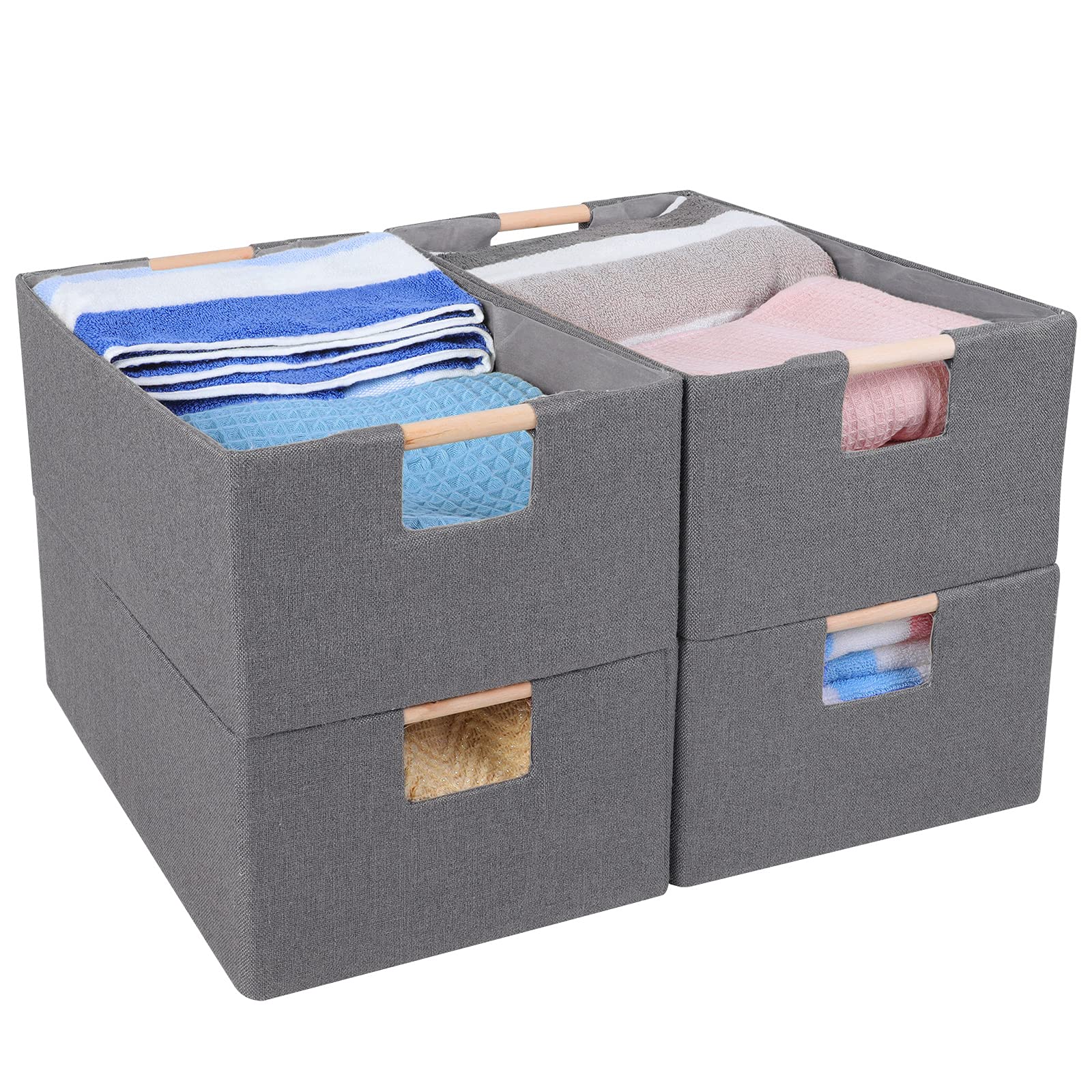 ANMINY 4PCS Storage Baskets for Organizing Collapsible Fabric Storage Bins Boxes with Wood Handles Closet Shelves Cube Organizer Bins Clothes Laundry Storage Container - Medium, Gray