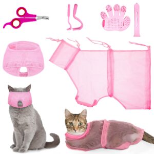 patelai 5 pcs cat bathing bag set cat grooming bag adjustable pet shower net bag muzzles nail clipper tick remover tool massage brush (pink)