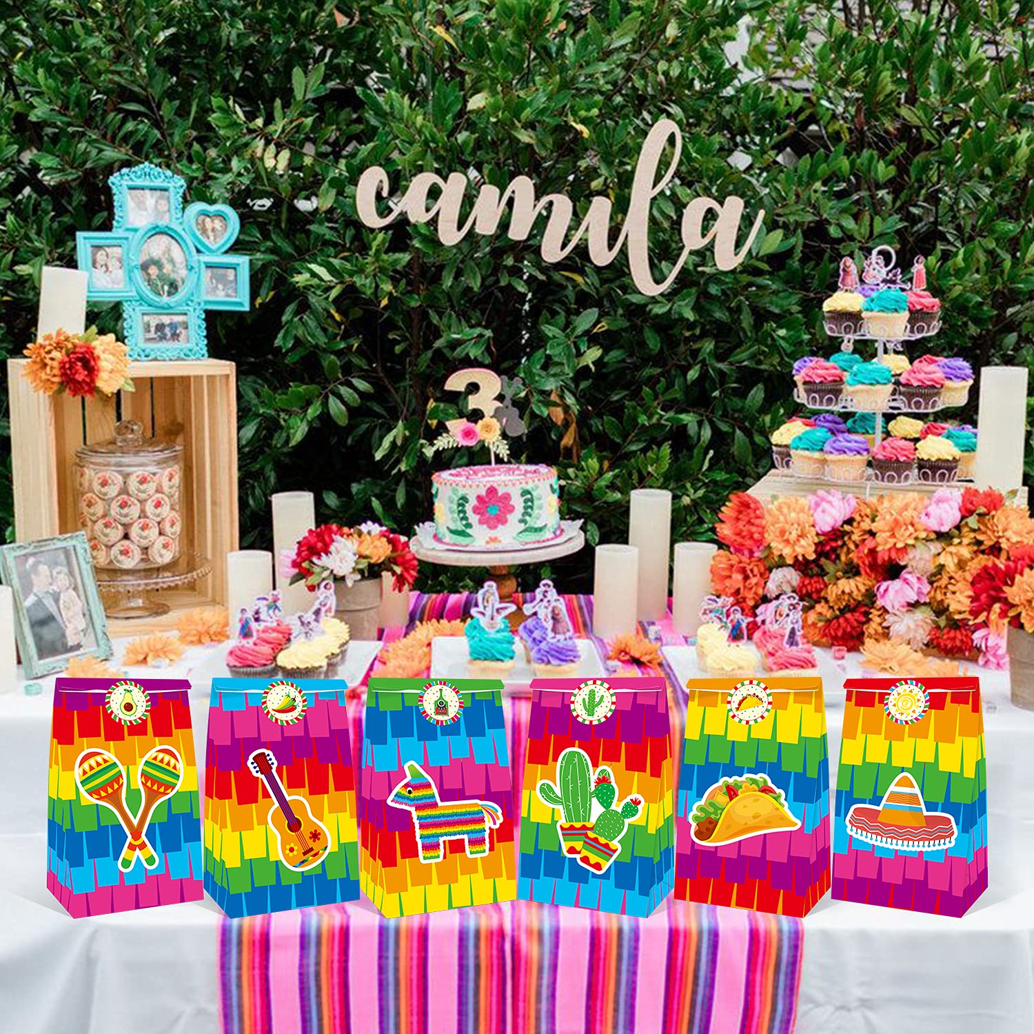 MOAXMOA Mexican Fiesta Candy Bags 24 PCS Party Favor Goodie Treat Bag Candy Treat Favors Bags Cinco De Mayo Themed Birthday Baby Shower With Cute Stickers