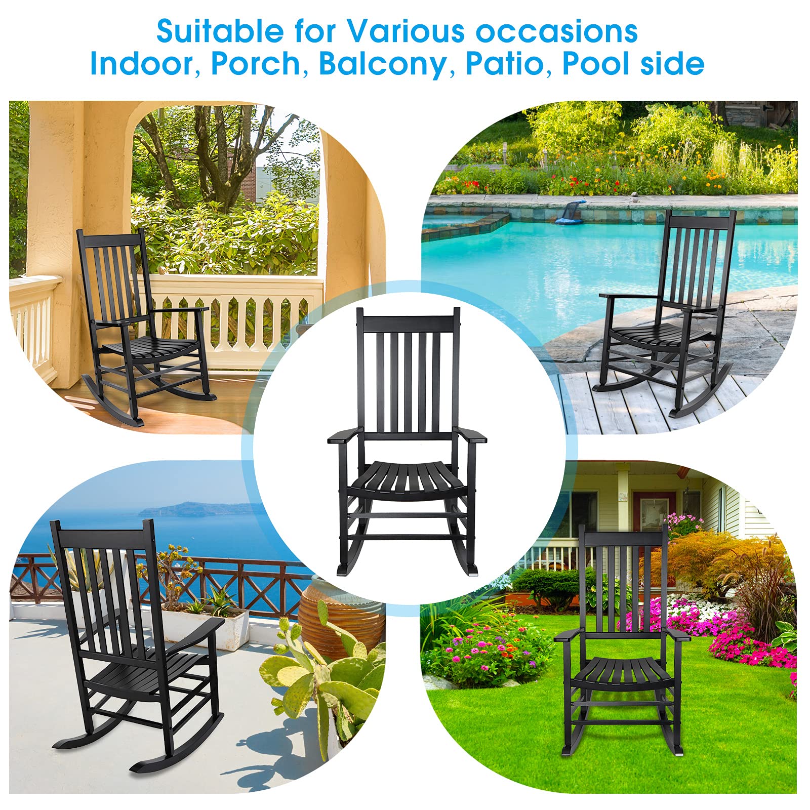 XINYUN Rocking Chair Wooden Frame Chair Indoor and Outdoor Fade Resistant Rocker with 350lbs Weight Capacity All Weather Porch Rocker for Garden Lawn Balcony Backyard and Patio Porch Black