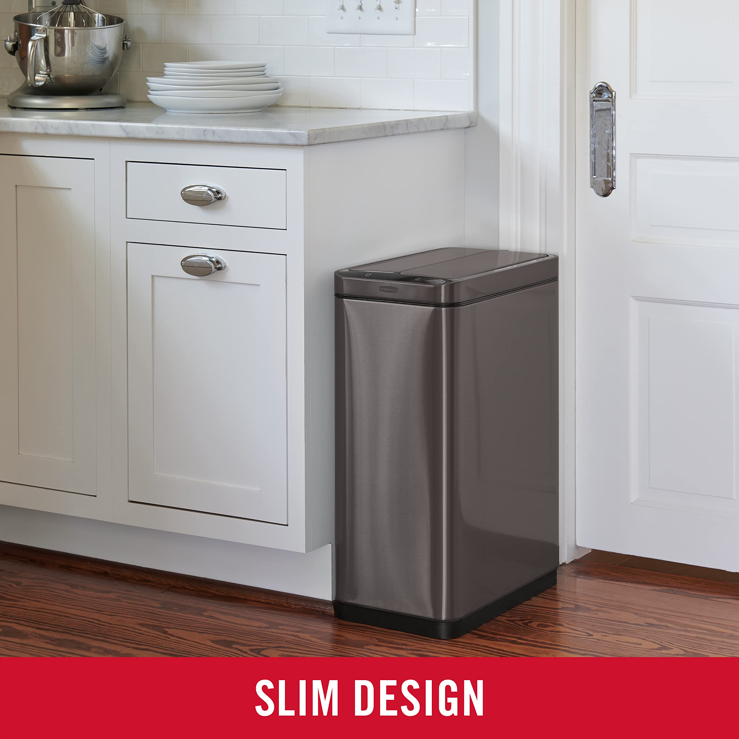 Rubbermaid Elite Stainless Steel Slim Sensor Trash Can, 12-Gallon, Batteries Included, Charcoal, Wastebasket for Home/Kitchen/Hotel/Lobby/Office, 11.8G