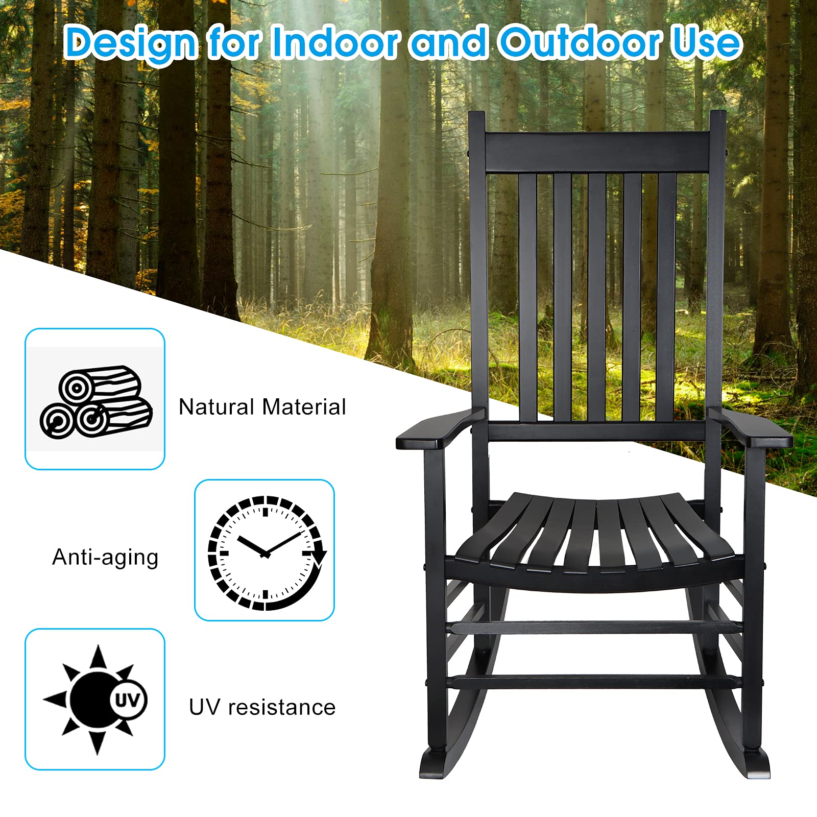 XINYUN Rocking Chair Wooden Frame Chair Indoor and Outdoor Fade Resistant Rocker with 350lbs Weight Capacity All Weather Porch Rocker for Garden Lawn Balcony Backyard and Patio Porch Black