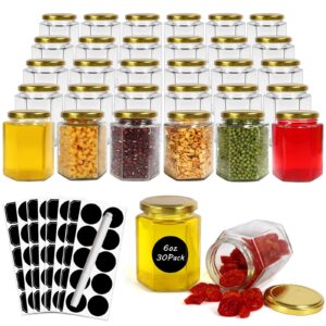 betrome 30 pack 6oz hexagon glass jars with gold lids, 180ml clear glass canning jars honey jars spice jars mason jars for jams, shower favors, wedding favors, craft, 1 pen and labels included