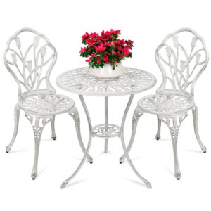 best choice products 3-piece outdoor rust-resistant cast aluminum patio bistro set w/tulip design, antique finish - white