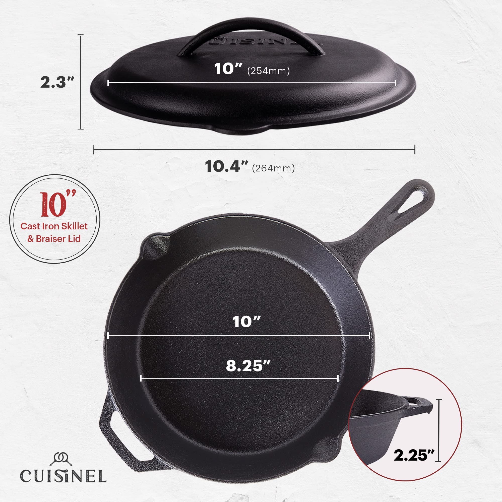 Cuisinel Cast Iron Skillet with Lid - 10"-inch Pre-Seasoned Covered Frying Pan Set + Silicone Handle and Lid Holders + Scraper/Cleaner - Use Indoor/Outdoor, Oven, Stove, BBQ, Fire, Grill Cookware