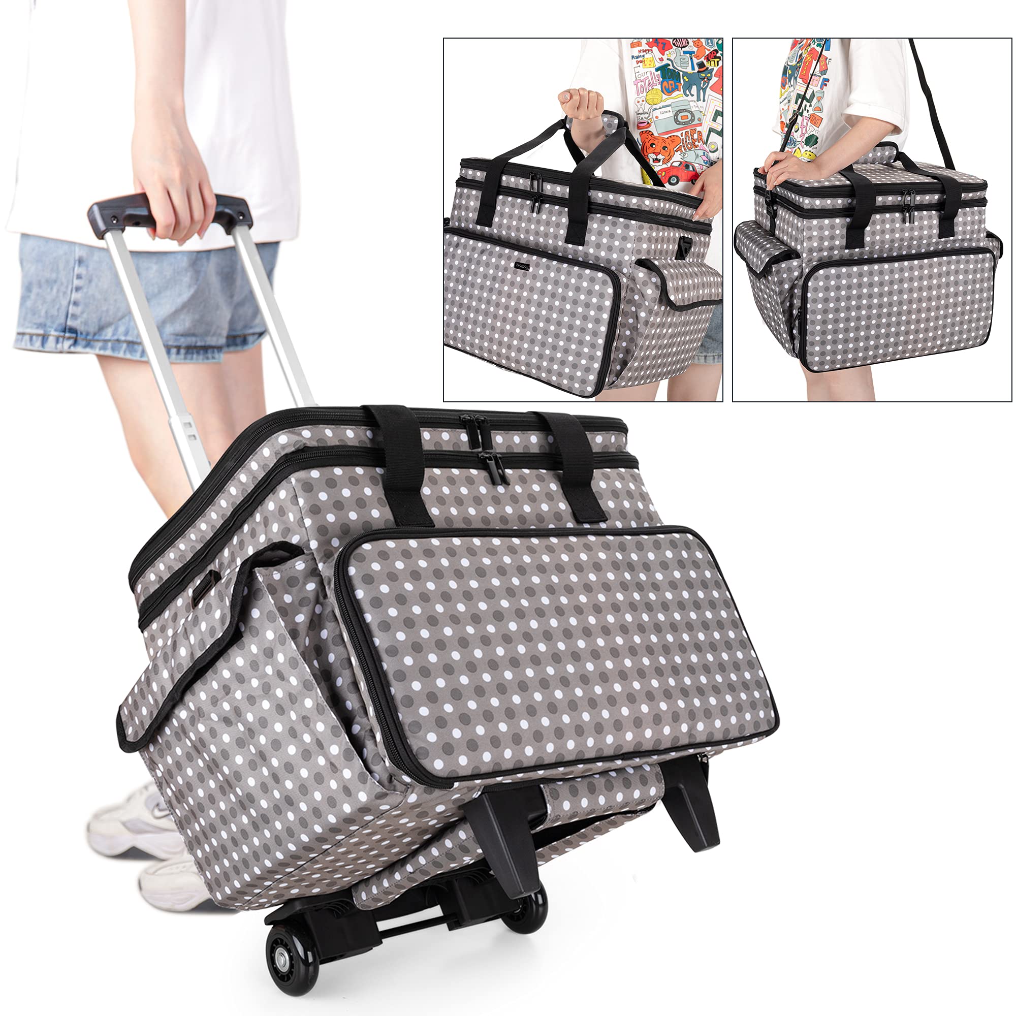 Teamoy Yarn Bag Organizer on Wheels, Rolling Knitting Bag with Wheels for WIP, Crochet Hooks, Knitting Needles and Supplies(No Accessories Included), Gray Dots