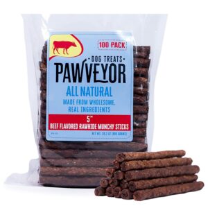 pawveyor 5" beefhide munchy sticks - 100 beef-flavored, all-natural granulated rawhide dog chew sticks for small dogs - great training treats for dogs or puppy treats for small puppies