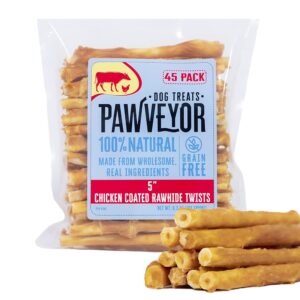 pawveyor 5" chicken wrapped rawhide twists - pack of 45 all-natural, rawhide dog treats small dogs - great puppy treats for teething small dogs - odor-free and long-lasting, supports dental health