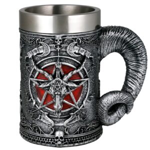 alikiki medieval baphomet head beer mug - sabbatic goat pentagram drinking tankard 21oz stainless steel wine coffee cup novelty gothic father day gift party decorations