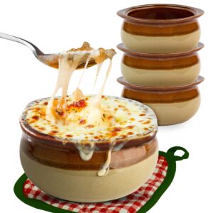 stock your home 12 oz french onion soup crock (4 pack) -two-toned brown & ivory porcelain soup bowls -oven safe soup bowls -microwave and dishwasher safe soup crocks