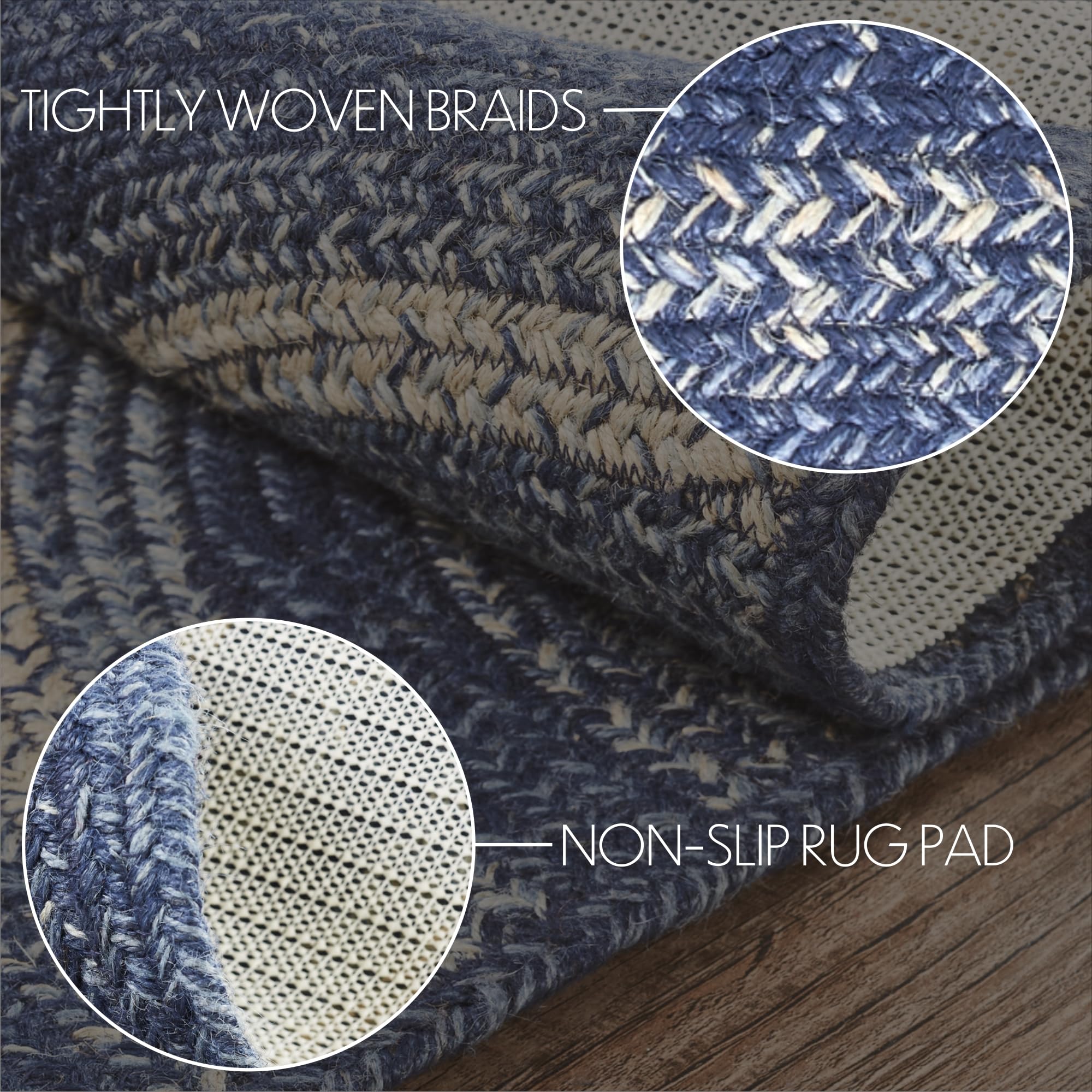 VHC Brands Great Falls Blue Rug with PVC Pad, Jute Blend, Half Circle, Blue White, 16.5x33 inches