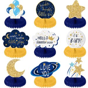 outus 9 pieces twinkle twinkle little star honeycomb centerpieces baby shower decor star party table toppers cloud glitter little star table decorations for baby shower birthday party(blue and gold)