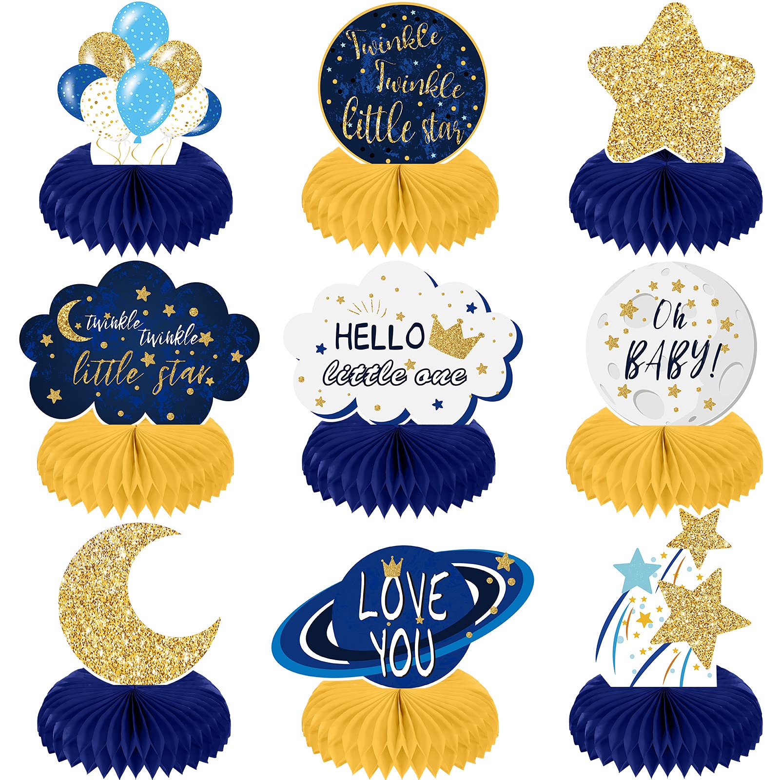 Outus 9 Pieces Twinkle Twinkle Little Star Honeycomb Centerpieces Baby Shower Decor Star Party Table Toppers Cloud Glitter Little Star Table Decorations for Baby Shower Birthday Party(Blue and Gold)