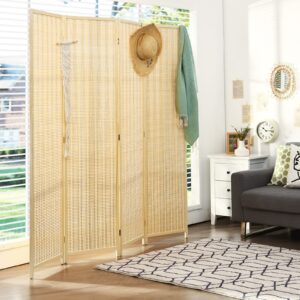 giantex bamboo room divider, 6 ft tall freestanding folding privacy screen, wooden room separators divider wall, portable partition boho 4 panel room dividers for home office bedroom apartment studio