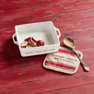 Mud Pie, White, Circa Holiday Baker & Trivet Set, 8.75", 8.75" x 8.75" | holder 7.5" x 7.5" | spoon 10.5