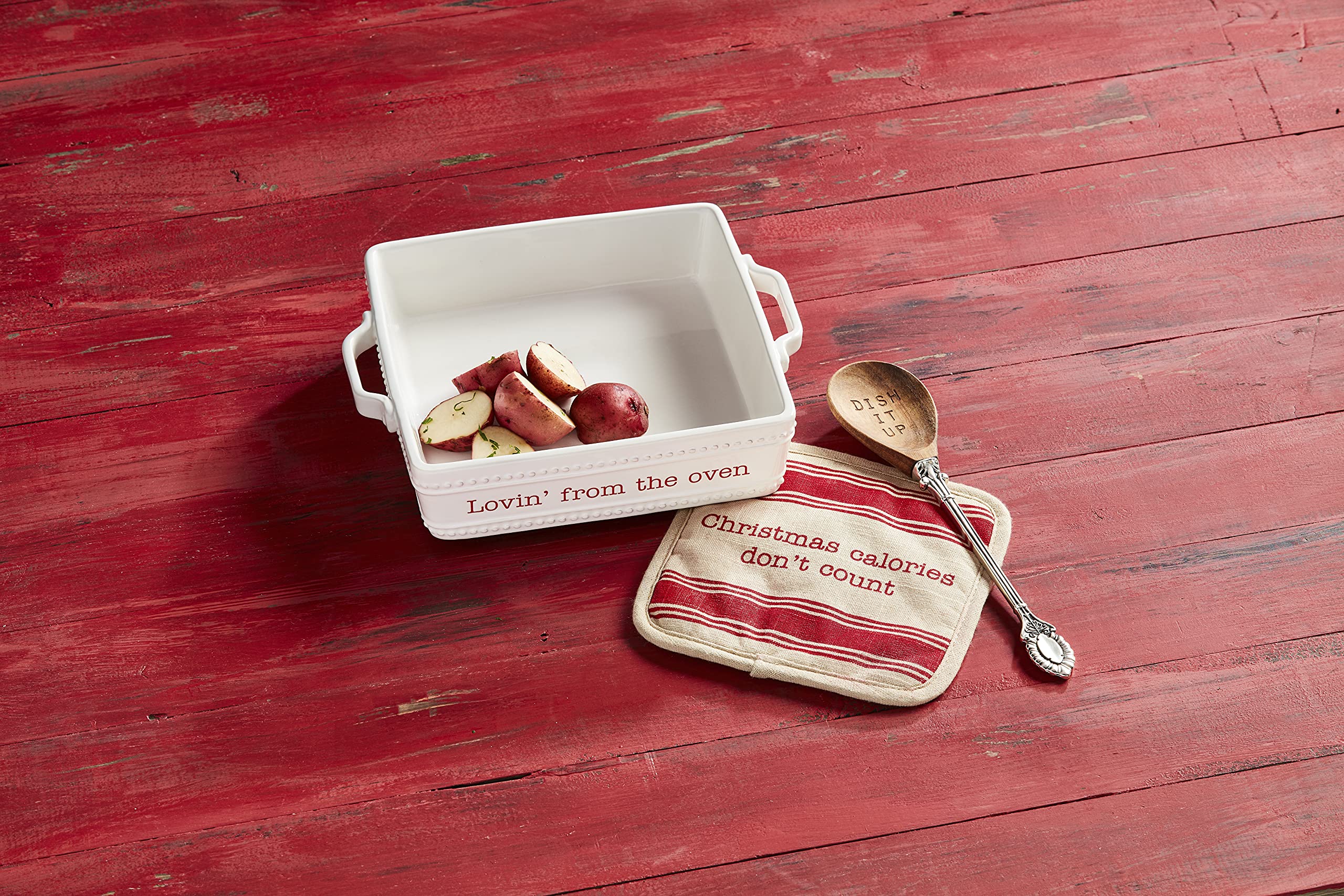 Mud Pie, White, Circa Holiday Baker & Trivet Set, 8.75", 8.75" x 8.75" | holder 7.5" x 7.5" | spoon 10.5