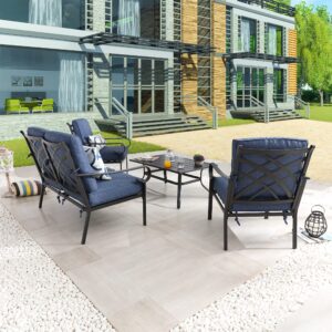 LOKATSE HOME 4-Piece Patio Cushioned Furniture Outdoor Bistro Conversation Set with 1 Loveseat, 2 Single Sofa Chairs, 1 Coffee Table, Blue