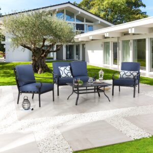 lokatse home 4-piece patio cushioned furniture outdoor bistro conversation set with 1 loveseat, 2 single sofa chairs, 1 coffee table, blue