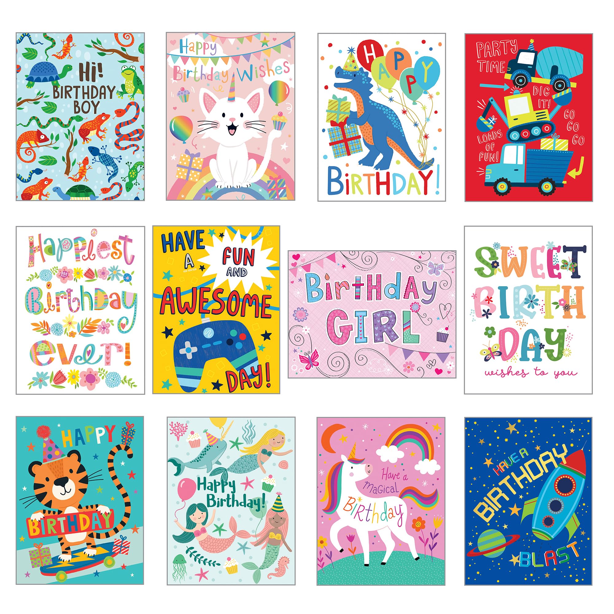 Gina B Designs - Pack of 12 Assorted “Kids Birthday Greeting Cards