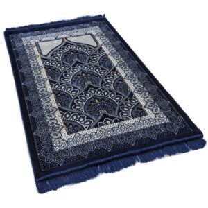 modefa turkish islamic prayer rug - large wide velvet carpet - soft muslim janamaz sajada - thick turkish prayer mat for men & women - ramadan or eid gift - free kufi cap - plush paisley (navy blue)