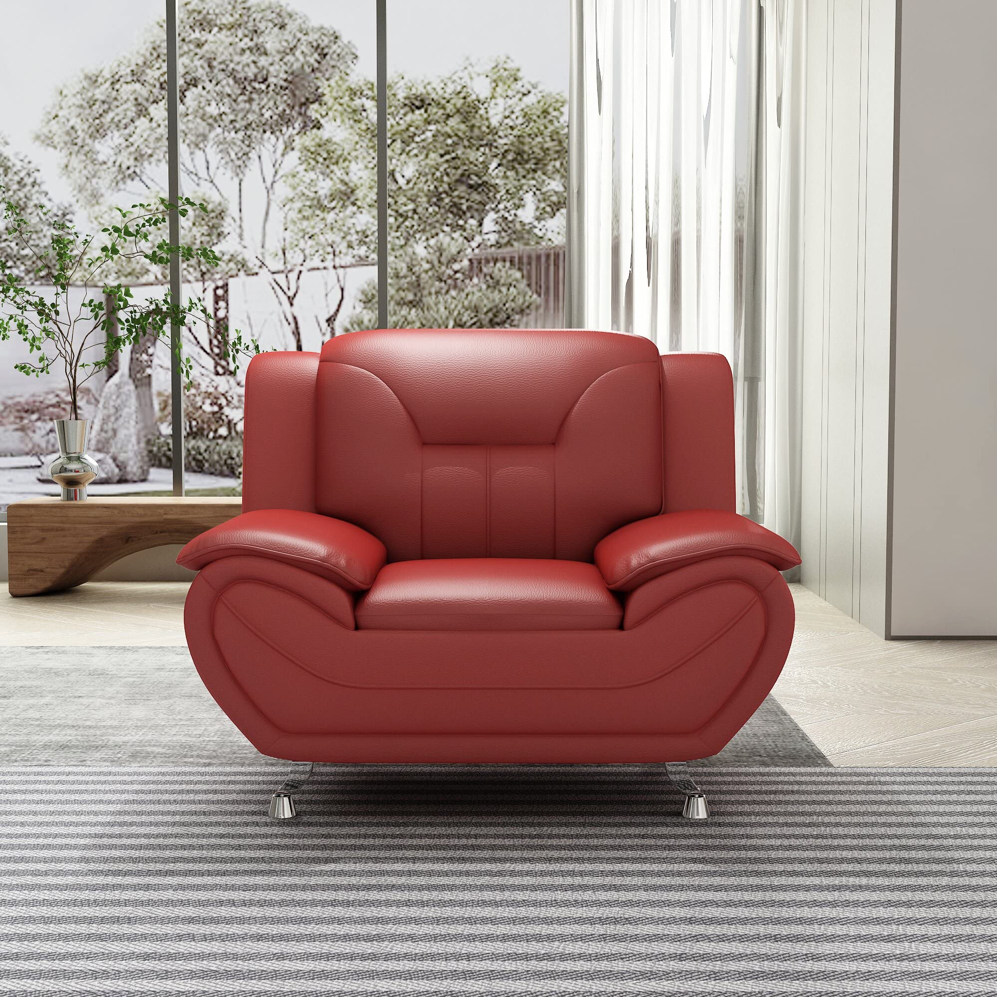 Container Furniture Direct Michael Modern Faux Leather Upholstered Stainless Steel Legs Living Room Loveseat, Persian Red