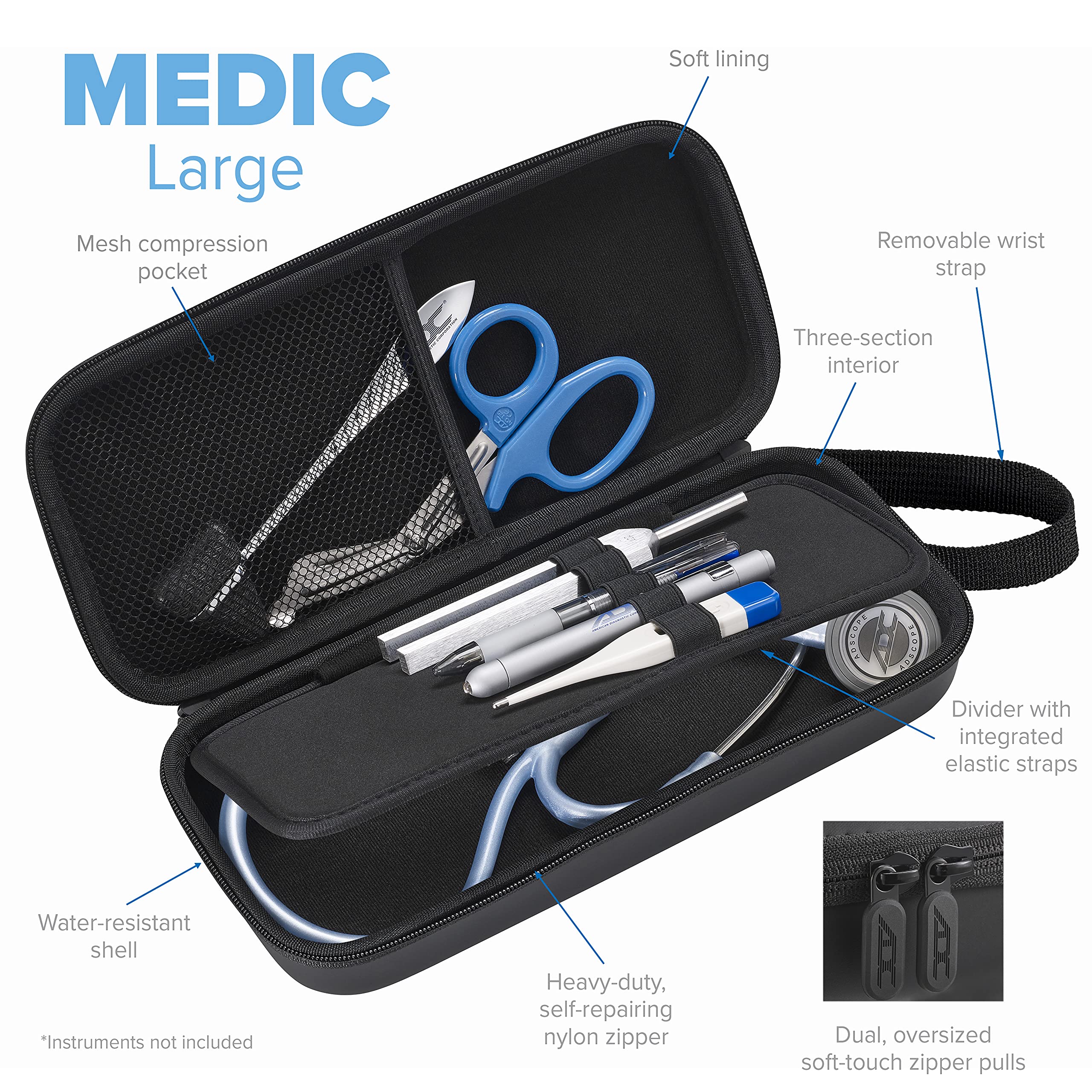 ADC Medic Case/Medical Every-Day Instrument Carry/Fits Adscope Cardiology Stethoscopes and Comparable Models with Room for Instruments and Accessories, Case Only, Large, Black