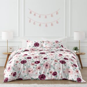 sweet jojo designs burgundy watercolor floral girl full/queen bedding set kids comforter childrens size - 3 pieces - blush pink, maroon, wine, rose, green and white shabby chic flower farmhouse