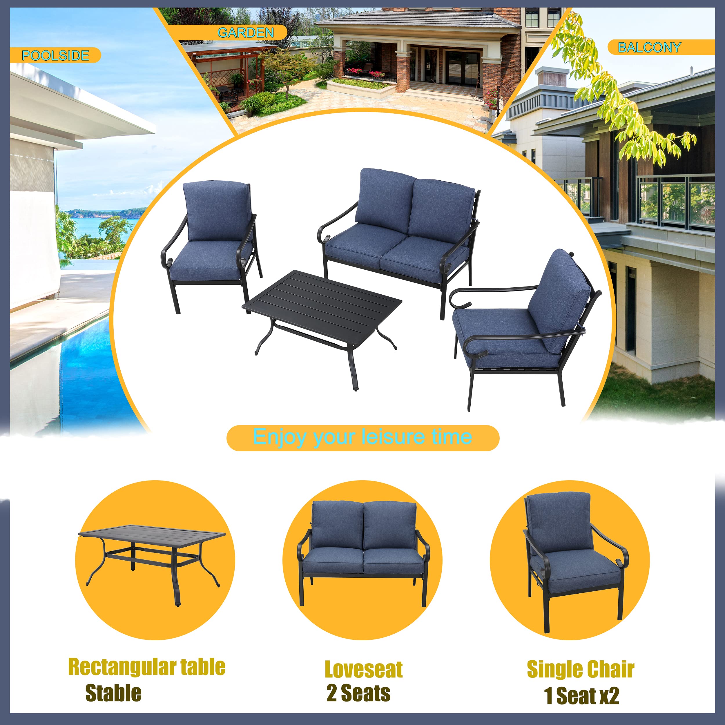 LOKATSE HOME 4-Piece Patio Cushioned Furniture Outdoor Bistro Conversation Set with 1 Loveseat, 2 Single Sofa Chairs, 1 Coffee Table, Blue