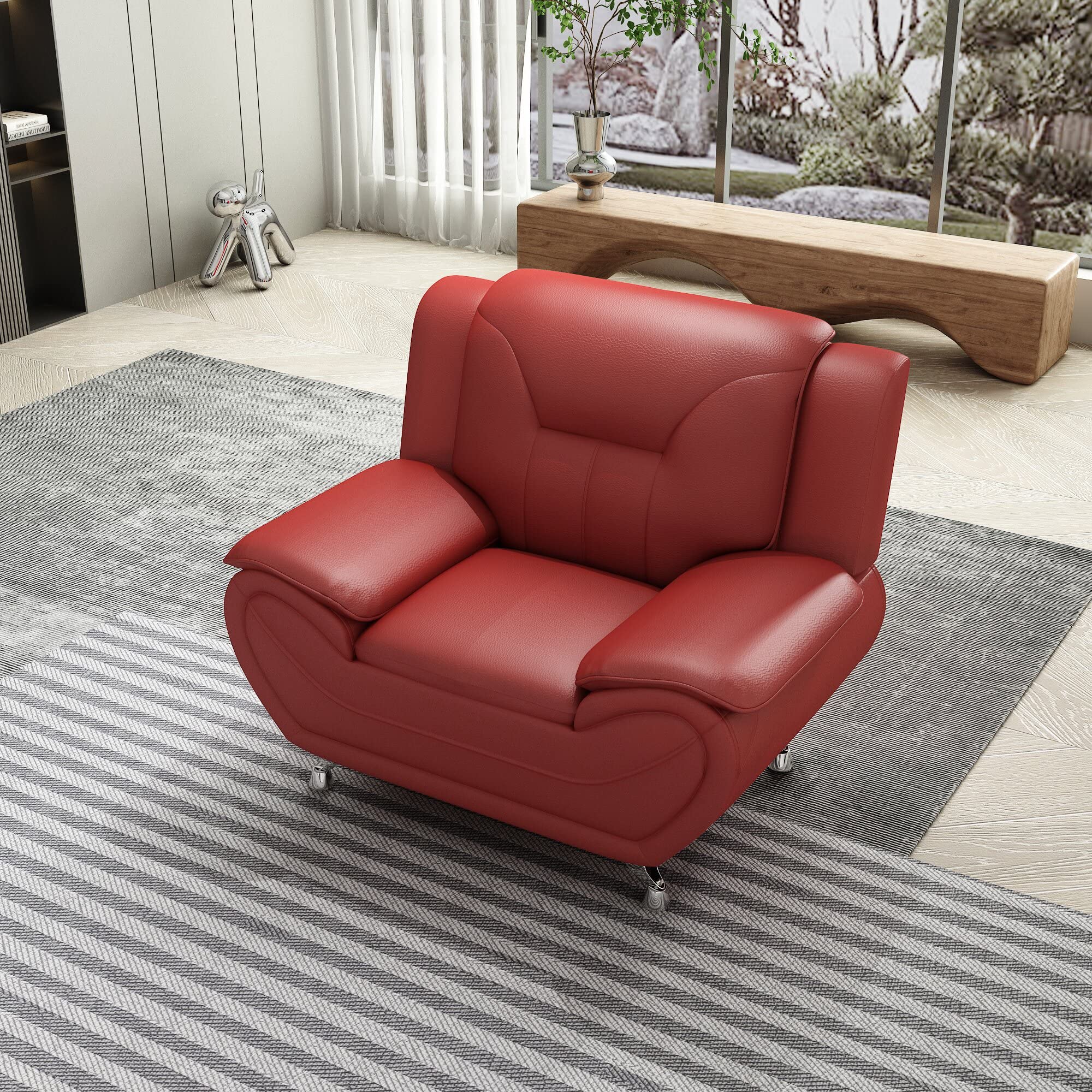 Container Furniture Direct Michael Modern Faux Leather Upholstered Stainless Steel Legs Living Room Loveseat, Persian Red