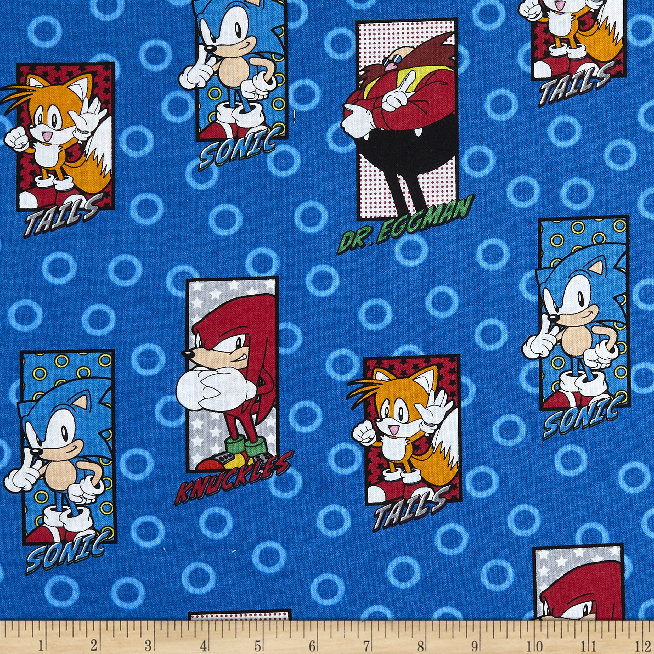 Kaufman Sonic the Hedgehog Badges Blue, Fabric by the Yard