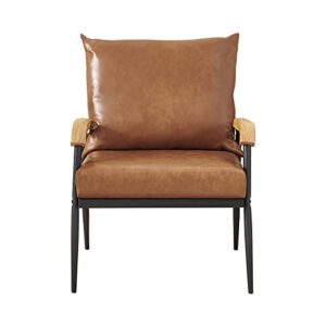 OFCASA Sofa Armchair Modern Faux Leather Couch with Arms Metal Frame Single Upholstered Seat Sofa Chair with Thick Cushions for Bedroom Lounge Office Garden (Light Brown)