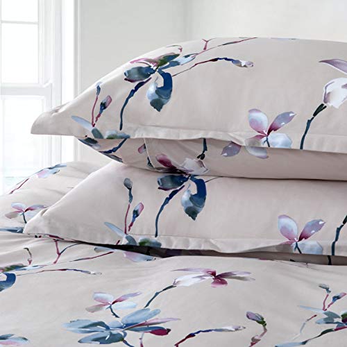 Eikei Modern Watercolor Flowers Print Duvet Quilt Cover 3pc Set Lilac Orchid Magnolia Blossom Leaf Branches Cotton Sateen 300tc Luxury Floral Bedding (Queen, Beige)